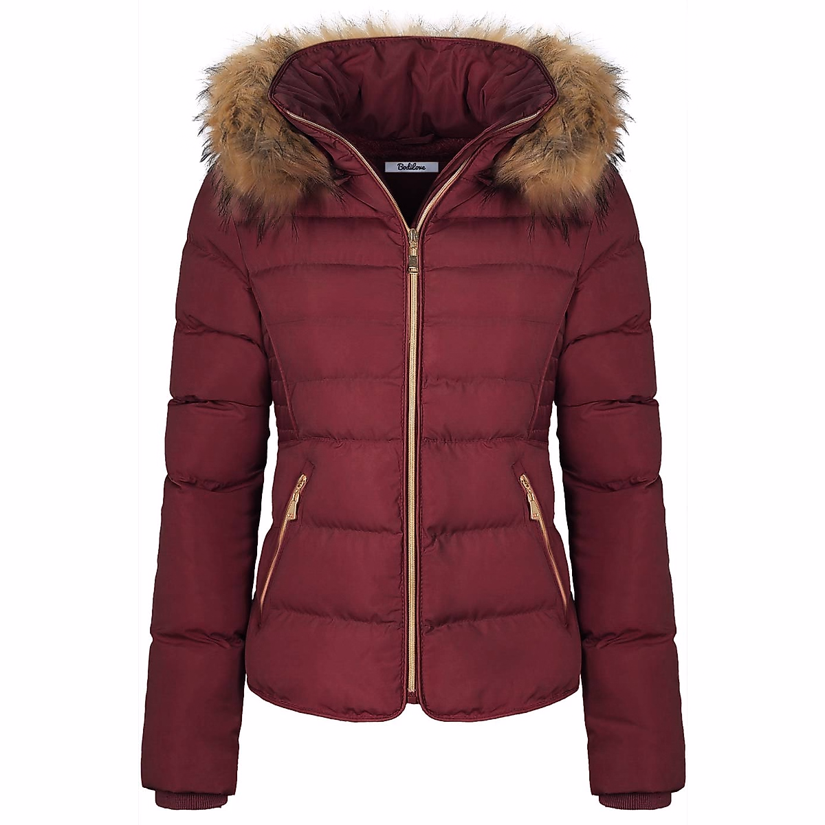 BodiLove Thickened Winter Puffer Jacket with Removable Faux Fur Hood Fleece Lining Burgundy