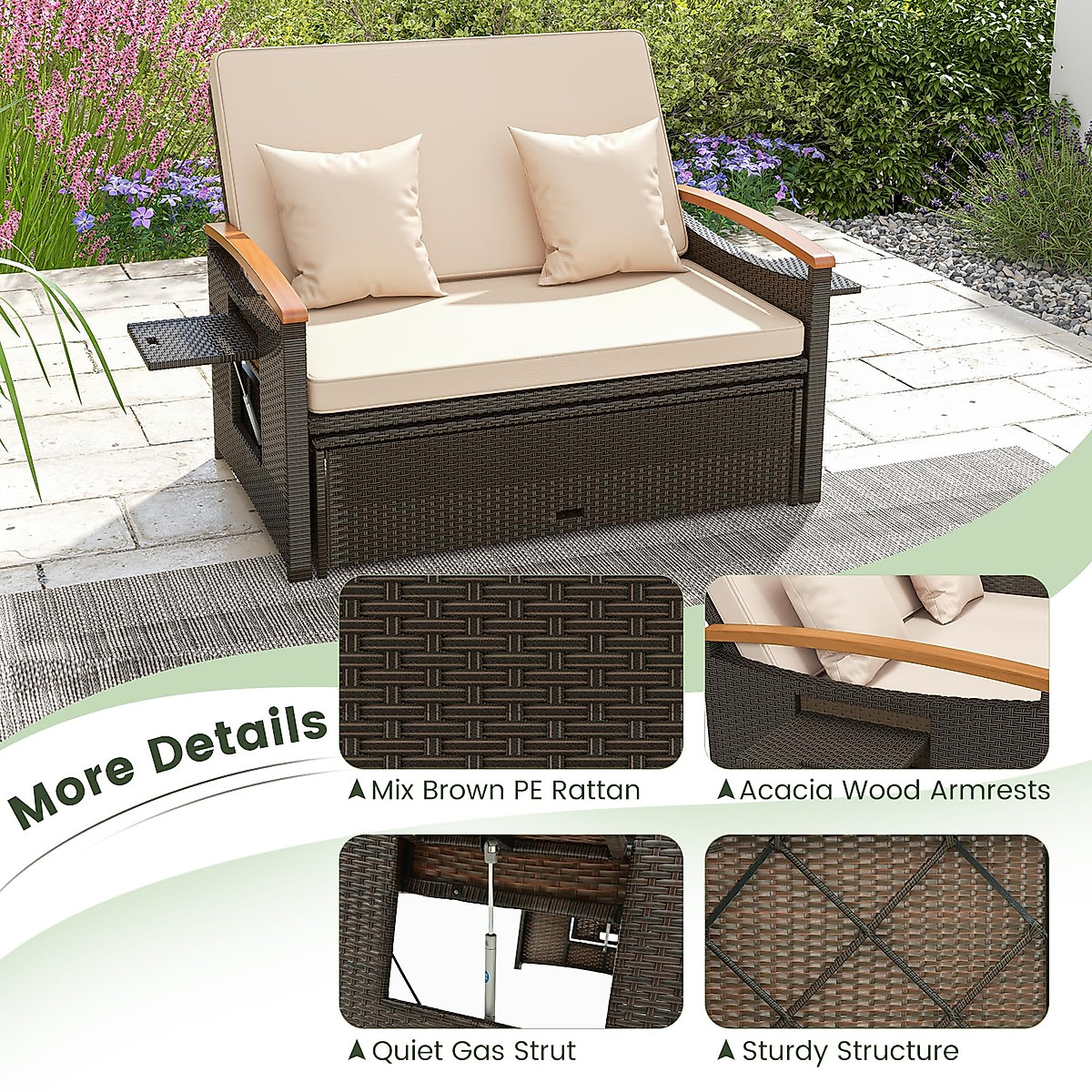 Tangkula Patio Rattan Daybed Set with Cushioned Loveseat and Storage Ottoman, Outdoor Double Chaise Lounger with 4-Level Adjustable Backrest and Retractable Side Trays for Backyard (Beige)