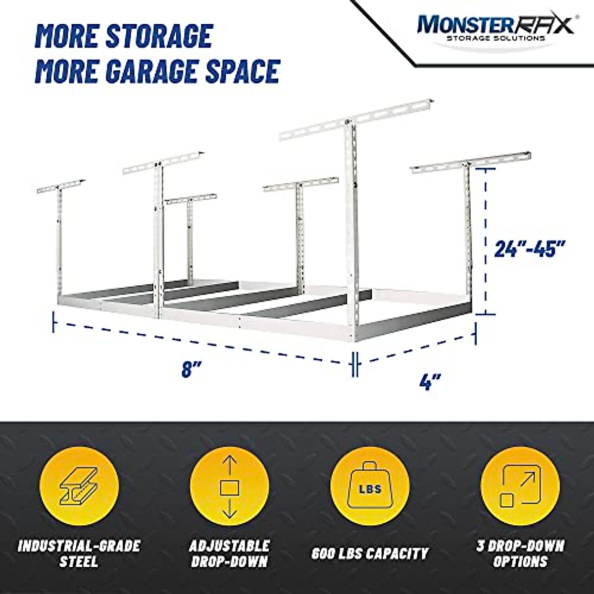 MonsterRax 4x8 Overhead Garage Storage Rack Frame Kit - Hanging Storage Shelves, Garage Ceiling Storage Rack System, Overhead Garage Organizers And Storage, Ceiling Shelving - (White, 24"-45")