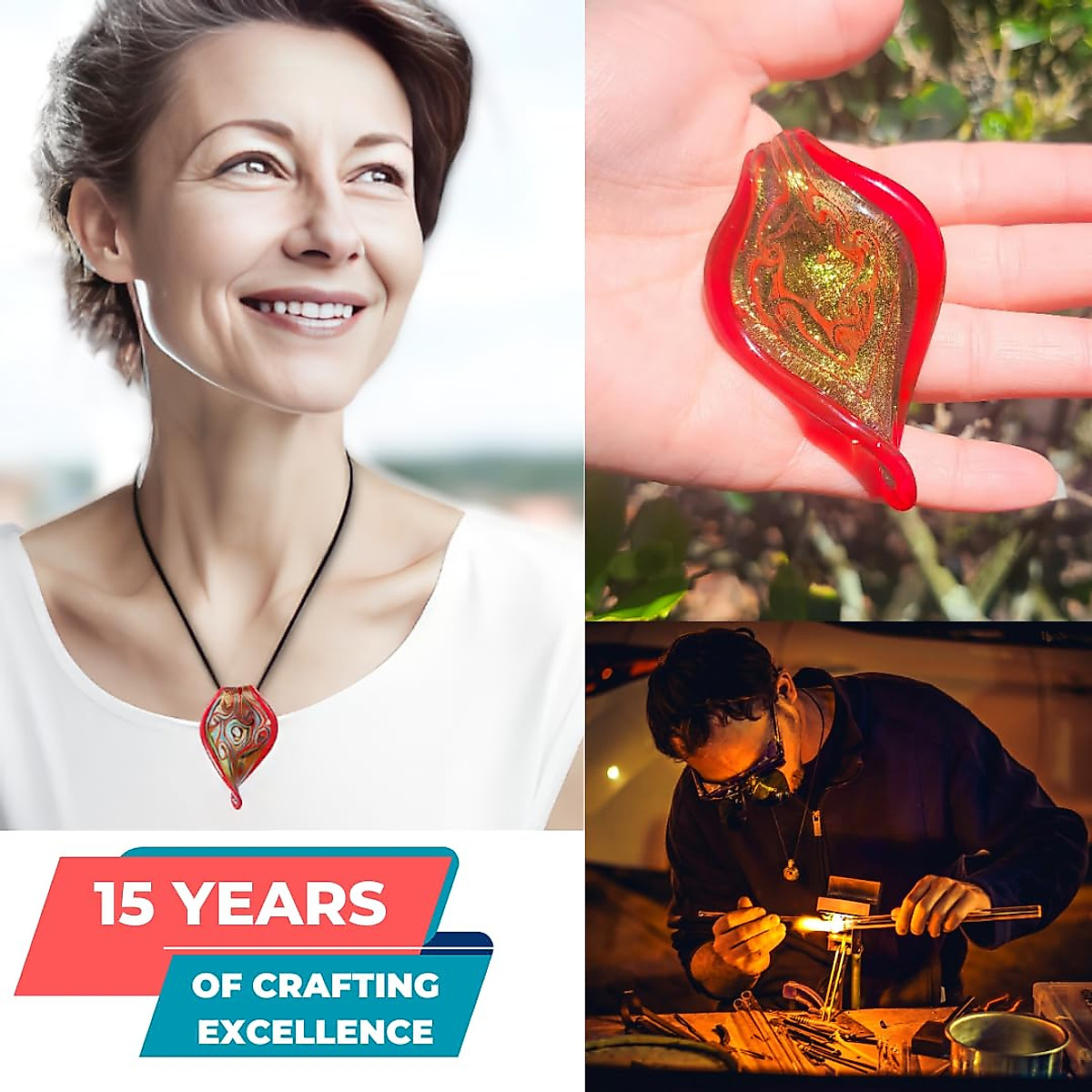 BESHEEK Handmade Murano Inspired Blown Abstract Glass Lampwork Art Pendant Necklace for Women Handcrafted Artisan Hypoallergenic Italian Style Jewelry (Red and Gold Twist Leaf)