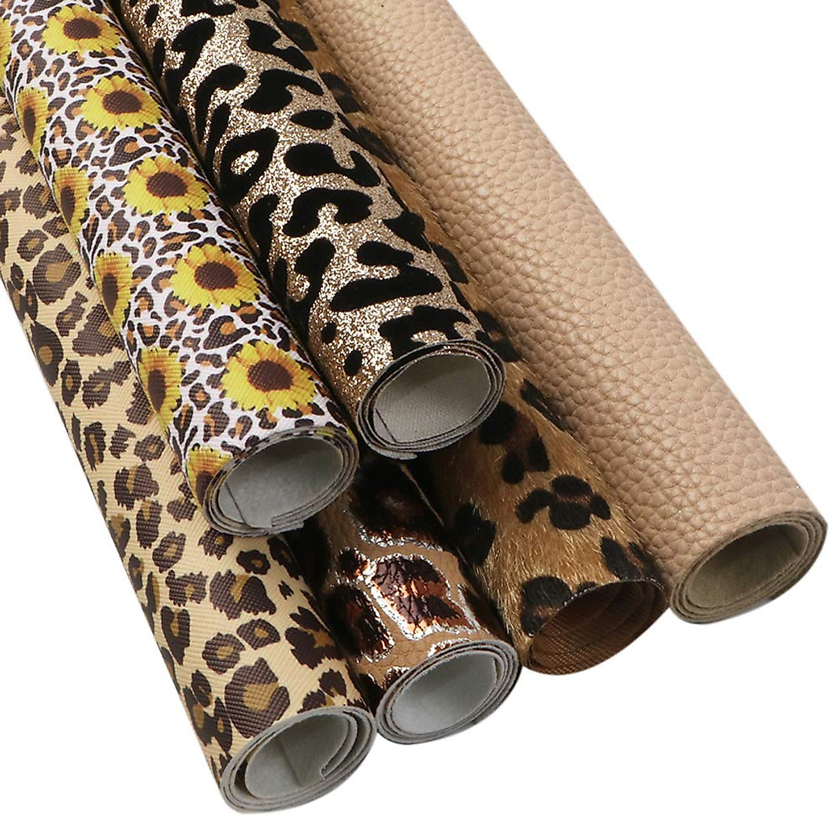 David angie Leopard Sunflower Printed Faux Leather Sheet Mixed Synthetic Leather Sheets Assorted 6pcs 7.7" x 12.9" (20 cm x 33 cm) for Earrings Hair Bows Making (Assorted)