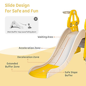 4-in-1 Toddler Slide and Swing Set with Extra Large Playground, Basketball Hoop & Climber, Indoor/Outdoor Playset, Taxi Collection – Yellow