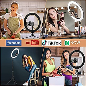 13 inch Ring Light with Floor Tripod and Desk Stand(Ringlight Kit Totally 74" Tall), LED Circle Light with Phone Holder, for Photo Selfie, Video Recording, Zoom Meeting