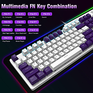 Mechanical Gaming Keyboard Hot Swappable with Multi Monochromatic Backlight 104Key Anti-ghosting Ergonomic Metal Plate Multimedia Key USB Wired for PC Mac Gamer Office Typist(Purple White/Blue Switch)