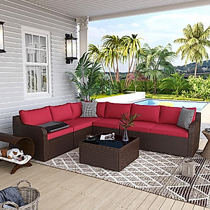 HOMREST 7 Piece Patio Furniture Set, PE Rattan Sectional Sofa, High Back Outdoor Furniture Set, Wicker Patio Conversation Set with Cushion and Glass Table for Garden, Backyard, Poolside(Khaki+Red)
