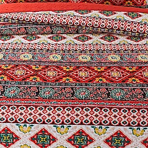 NEWLAKE Cotton Bedspread Quilt Sets-Reversible Patchwork Coverlet Set, European Boho Striped Pattern, Queen Size