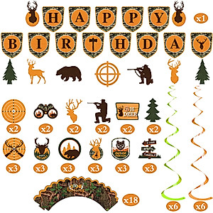 62 Pcs Hunting Theme Party Decorations Hunting Birthday Banner Camo Birthday Party Decorations Camo Cupcake Toppers Hunting Swirls Decorations Deer Decorations for Party Birthday Baby Shower