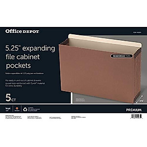 Office Depot Brand File Cabinet Pockets, 5 1/4" Expansion, Legal Size, Brown, Box of 5