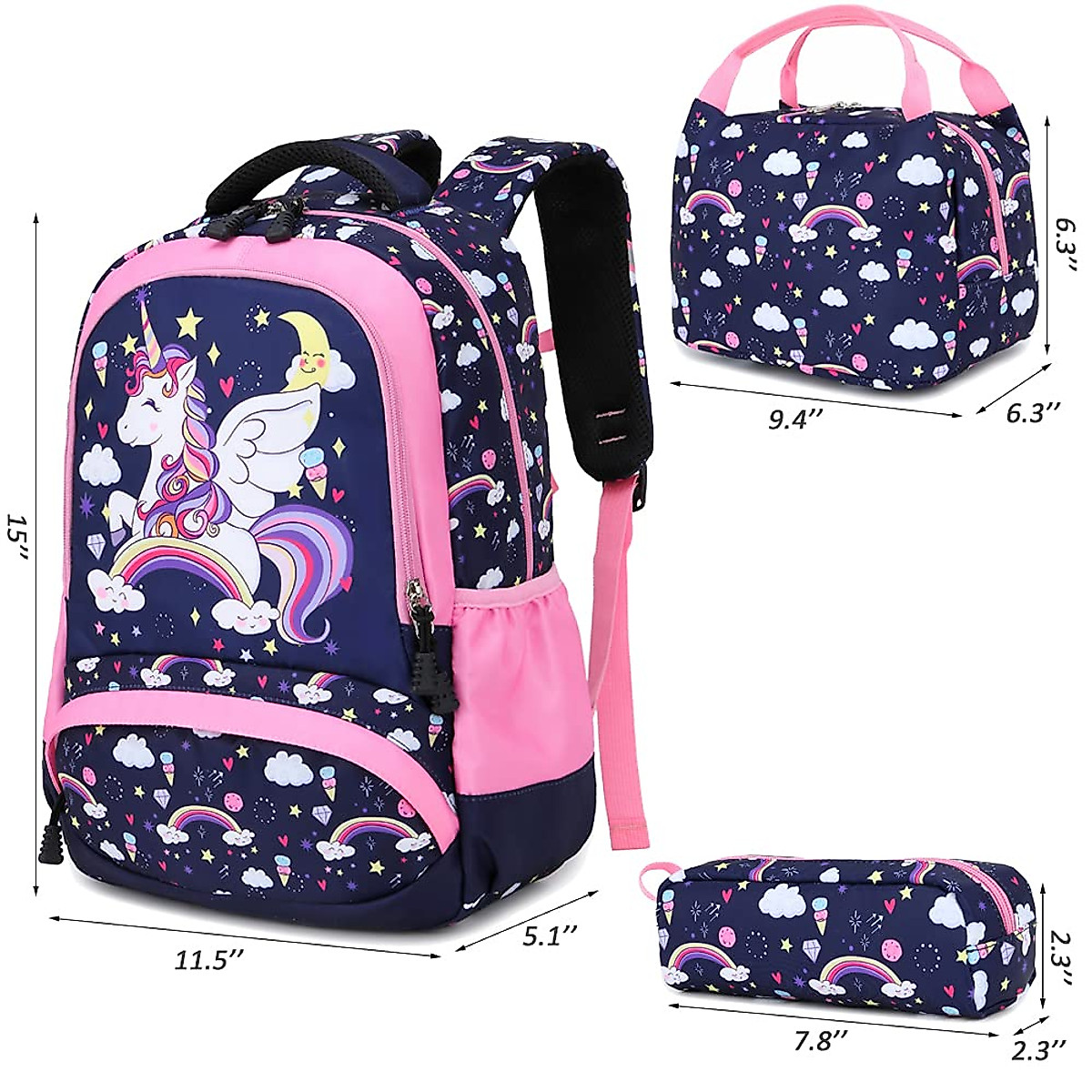 Meisohua Unicorn School Backpack for Girls Cartoon Backpack for Kids School Bag 3pcs Sets with Lunch and Pencil Bag