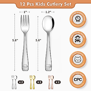 DRKIO Stainless Steel Toddler Utensils Set - 12 Pieces Kids Silverware Set Children Safe Food Grade Small Forks and Spoons Dishwasher Safe Mirror Polished