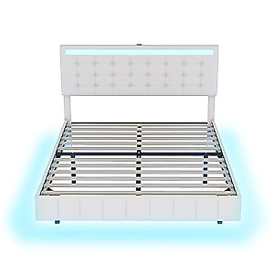 Aiuyesuo Modern Queen Size Floating Bed with Headboard and USB Ports, Solid Wood Upholstered Platform Bed Frame with Led Lights Faux Leather, Wooden Slats, No Box Spring Needed (White-TD34)