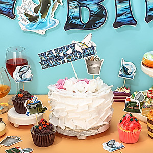 Geosar 50 Pcs Fish Happy Birthday Banner Gone Fishing Party Decorations Fisherman Cake Toppers Gone Fishing Party Supplies for Men Boys Fishing Themed Party