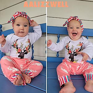 Aalizzwell Newborn Girls Long Sleeve Deer Romper Tops Pink Pants Hat Set (White, 0-3Months)