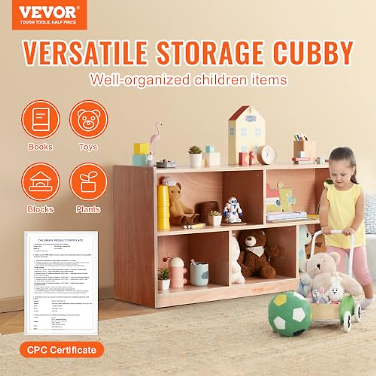 VEVOR 5-Compartment Montessori Bookshelf, Kids Toy Shelf Cubby Storage Shelf 2-Shelf, Classroom Cubbies, Classroom Furniture for Home, Daycare and Preschool, Natural
