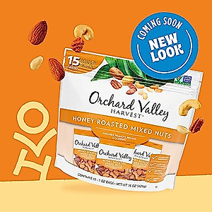 Orchard Valley Harvest Honey Roasted Mixed Nuts, 1 Ounce Bags (Pack of 15), Almonds, Peanuts, Pecans, and Cashews, Gluten Free, Non-GMO, No Artificial Ingredients