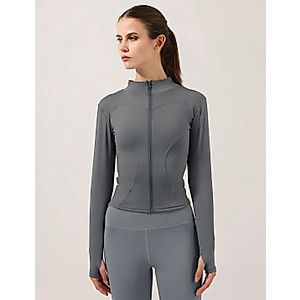 Locachy Women's Lightweight Stretchy Workout Full Zip Running Track Jacket with Thumb Holes Grey L