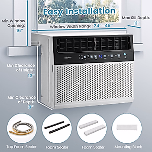 COSTWAY 10000 BTU Window Air Conditioner, Over the Sill AC with Energy Saver Modes, Handy Remote, Touchable LED Control Panel, up to 250 Sq.Ft. Window AC Unit, Ultra Quiet Operation