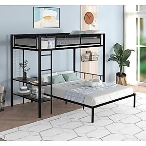 AnwickNomo Modern Metal Twin Over Full Bunk Beds,L-Shaped Bunk Bed Frame w/Full-Length Guardrails&Ladder, Loft Bed w/Book Shelves & Grid Panel for Boys Girls Teens, Noise-Free, (Black I)