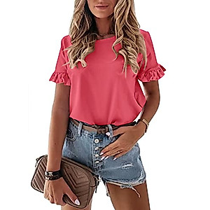 PRETTYGARDEN Women's Short Sleeve Casual T Shirts Summer Ruffle Plain Round Neck Loose Fit Tee Blouse Tops Watermelon Red