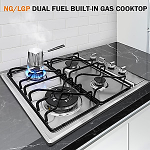 4 Burner Gas Stove Gas Cooktop 24 Inch, Stainless Steel Built-in Gas Hob for LPG/NG Dual Fuel, Natural Gas/Propane Cooktop with Flame-out Protection for Kitchen Apartmen, Easy to Clean, 110v