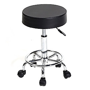 Black Salon Stool Round Rolling Stool PU Leather Office Chair Adjustable Swivel Stool Massage Spa Stool Bar Dentist Chairs with Wheels (Without Grain, Black)