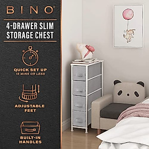 BINO 4-Drawer Narrow Fabric Dresser Storage Tower, Light Grey | Closet Organizer Unit | Bedroom Storage Organizer | Drawer & Dresser Furniture | Organizing Drawer for Nursery Hallway Entryway Room