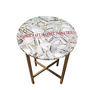 Natural Grey White Brown Agate Round 24" x 24" Inch Round Coffee Table with Metal Base, Stone Coffee Table, Round Agate Coffee Table Top with Metal Stand, Piece Of Conversation, Family Heir Loom