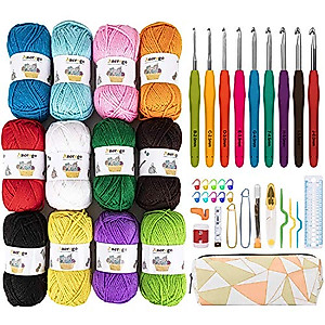 12x50g Large Acrylic Yarn Skeins, Azerogo 1312 Yards Crochet Yarn with 41 Assorted Starter Crochet Kit for Knitting and Crochet Craft, Multicolored Yarn Bulk– Ideal Beginner Kit