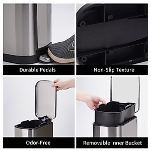 Small Bathroom Trash Can with Lid-10L/2.6 Gal Stainless Steel Garbage Can-Slim Metal Wastebasket-Rectangle Step Garbage Container Bin for Narrow Office, Kitchen, Bedroom, Toilet-Soft Close-Silver