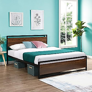 HAUSHECK Queen Size Platform Bed Frame, Industrial Stlye Bed Frames w/Headboard & Footboard, Metal Bedframe No Box Spring Needed w/Strong Steel Slat Support Mattress Foundation for Teen, Adults