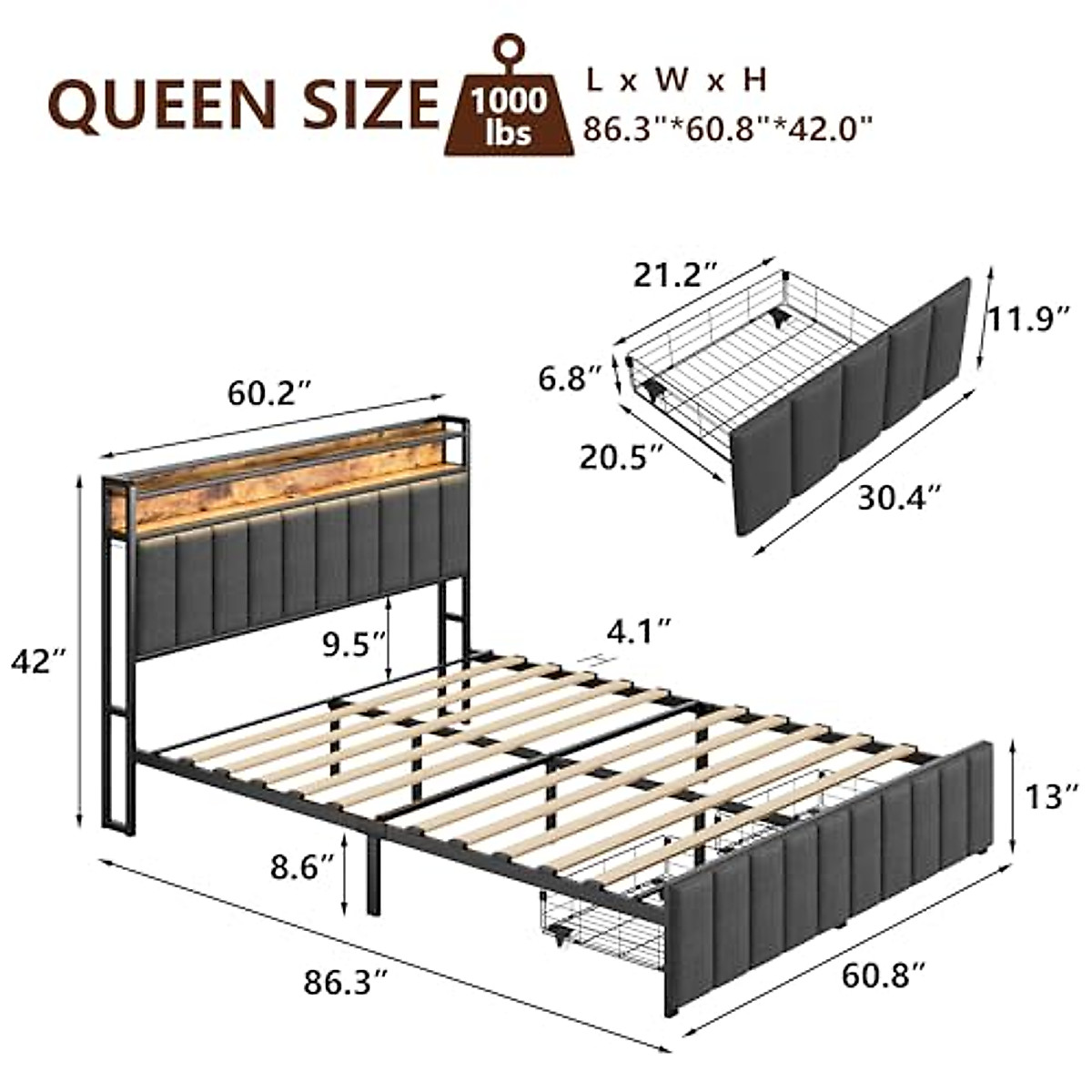 MEIJUJIA Queen Bed Frame with 2 Storage Drawers and LED Lights Headboard, Upholstered Bed Frame Queen Size with Charging Station, No Box Spring Needed, Easy Assembly - Grey