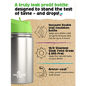 Kids Water Bottle - 12oz Stainless | Leak Proof With Straw & Handle | 24 Hours Cold | Insulated, Double Wall Stainless Steel | Easy Sip Toddler Cup | Child's Flask | Eco Friendly
