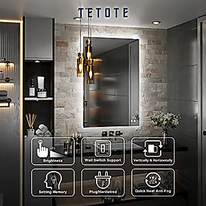 TETOTE 24 x 36 Inch LED Mirror Backlit Bathroom,Anti-Fog Mirror with Light,Dimmable,CRI90+,IP54 Water Proof,Wall Mounted Vanity Lighted Mirror,Horizontal/Vertical