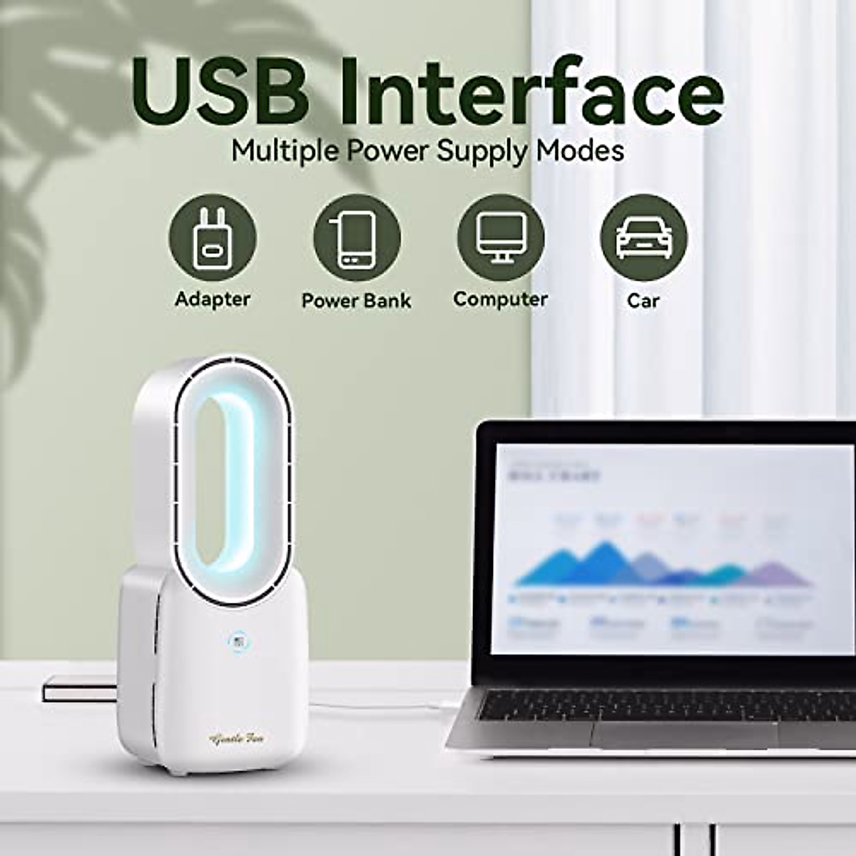 KONSIDEN Desk Fan, Quiet Bladeless Fan with USB Adapter and 5 Colors LED light, 3 Speeds Stylish 11.8 Inch Table Fan, Small Fan with Touch Control for Home Office Bedroom Summer Gift