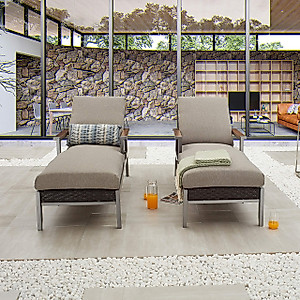 LOKATSE HOME Patio Adjustable Chaise Outdoor Rattan Lounge Furniture Wicker Armrest Chair with Cushion for Beach, Poolside, Dark Grey