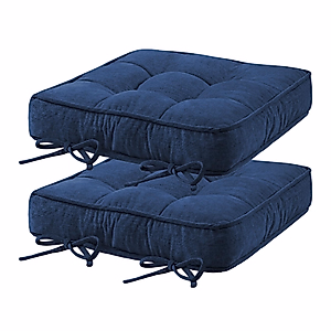 RULAER Indoor 18x18x3.5inch Chair Cushions Blue Tufted Double Piping with Straps Patio Seat Cushion No-Faded Thickened Puffy Dining Chair Pads,Set of 2