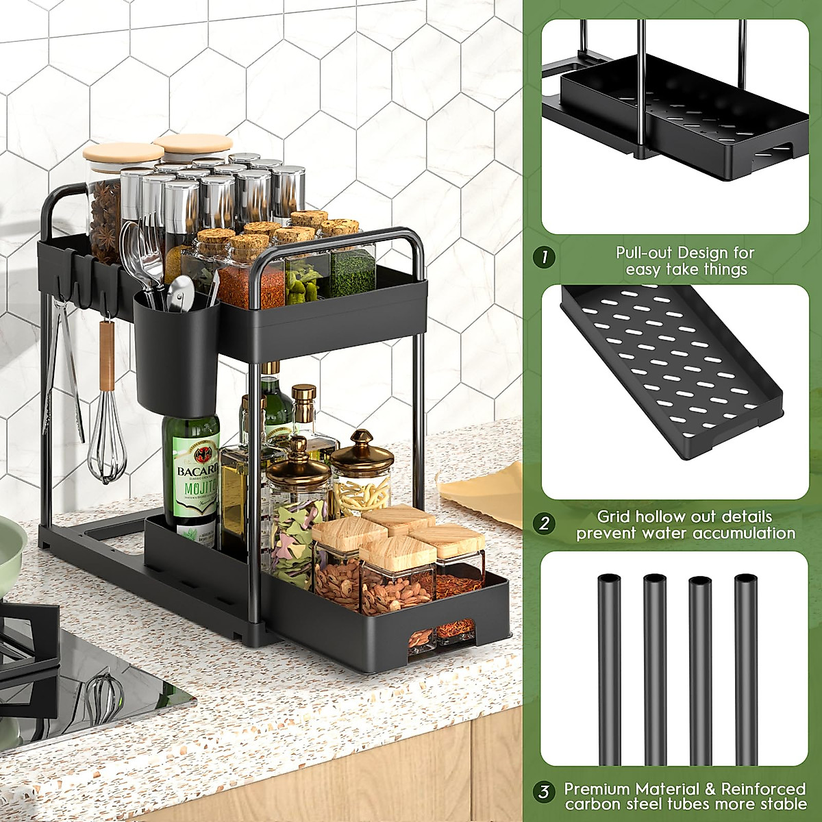 2 Pack Under Sink Organizer- 2 Stackable Rack Organizer Tier Bathroom Under the Sink Organizers Multi-Usage Kitchen Cabinet Organizers and Storage Bath Shelf Baskets w 4 Hanging Cup and 5 Hooks, Black