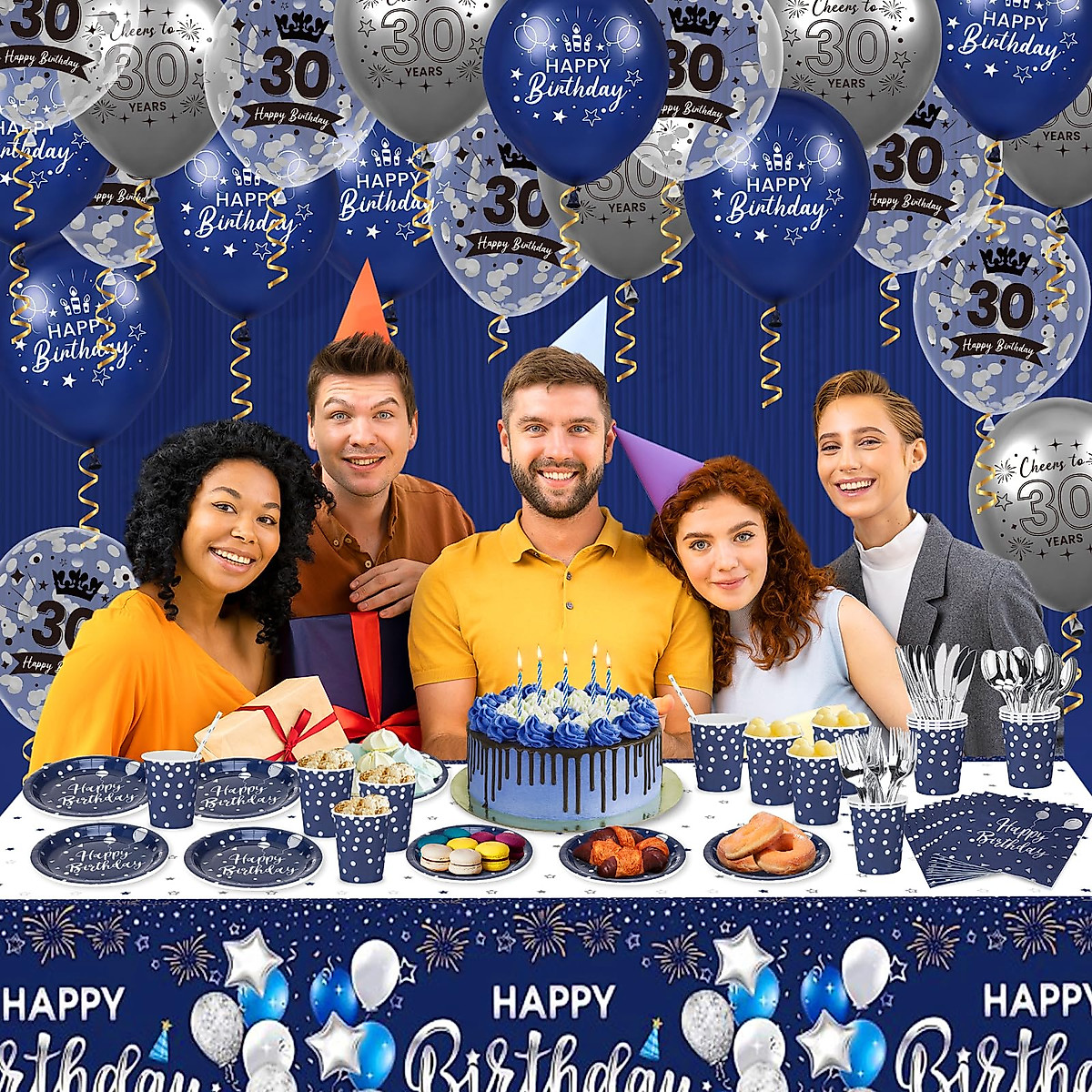 30th Birthday Decorations for Men and Women, 131 PCS Navy Blue Silver 30th Birthday Party Supplies Includes Blue Happy 30th Birthday Banner Balloons Napkins Cups Tablecloth Plates Foil Backdrops for