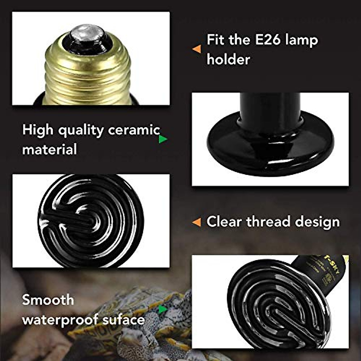 Simple Deluxe 60W Reptile Ceramic Heat Emitter Heat Lamp Bulb No Light Infrared Brooder Heater, Digital Thermometer and Hygrometer with Temp & Humidity Probe for Amphibian Tank/Egg Incubator