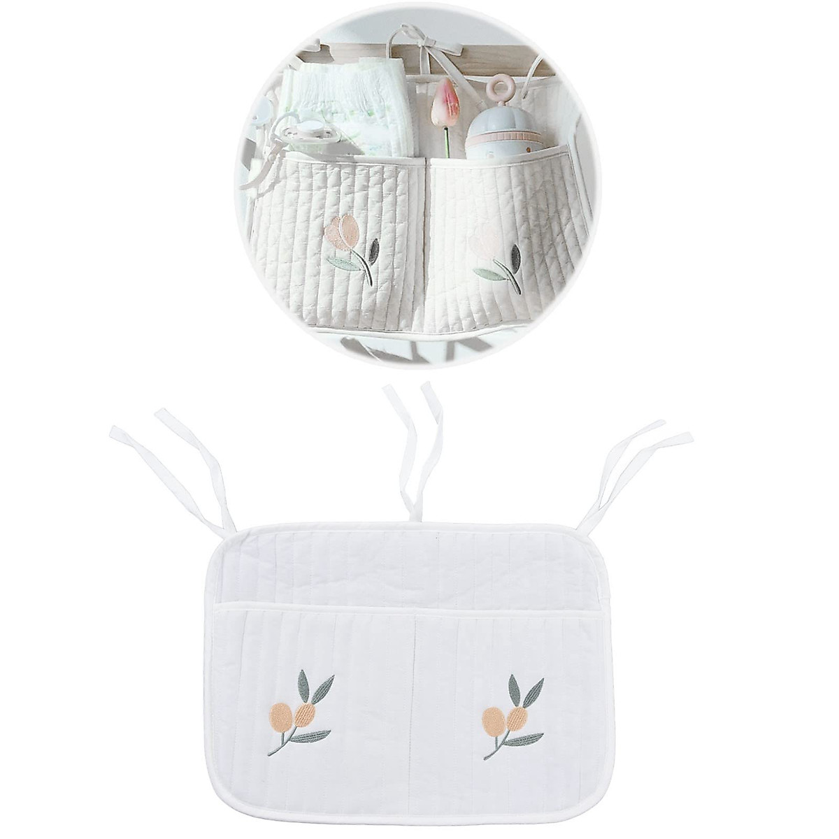 Eujgoov Crib 2 Pockets Organizer, Baby Bedside Hanging Storage Bag Soft Cotton Crib Bedside Organizer Hanging Bed Practical Storage Bag for Strollers Furniture(Olive Tuba)