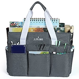 Jjring Craft Organizer Tote Bag, Large Art Storage Caddy with Multiple Pockets, Gray Sewing Bag for Art, Craft, Scrapbooking, School, Medical, and Office Supplies Storage