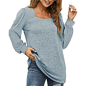 WIHOLL Tunic Shirts for Women Loose Fit Long Sleeve Square Neck Tops Grey Blue XL