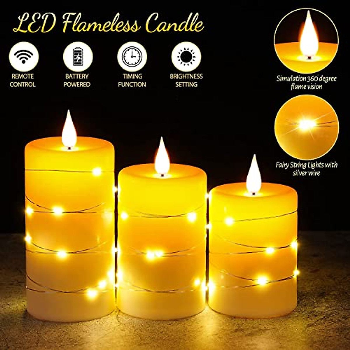 Won't Melt Flameless Candles,with Starry String Lights, Waterproof，Outdoor Indoor Battery Operated LED Candles with Remote Timers, Moving Flame, Ivory Paraffin Plating Plastic, Set of 3