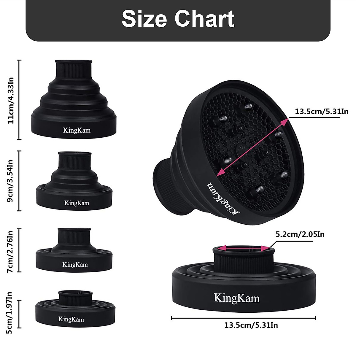 Universal Collapsible Hair Dryer Diffuser - Travel and Easy Storage - KingKam Diffuser Attachment Fit Most Hair Dryers with Nozzle Diameter D-1.575Inch to 1.968 Inch (4-5cm) - Black
