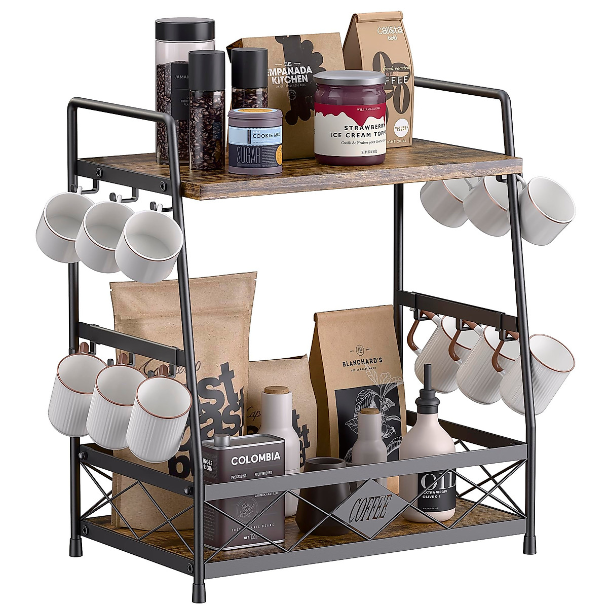 LOTEYIKE 2 Tier Coffee Cup Holder for Countertop, Coffee Mug Organizer with 12 Hook, Coffee Mug Holder, Metal Coffee Mug Shelf for Coffee Bar Kitchen, Black