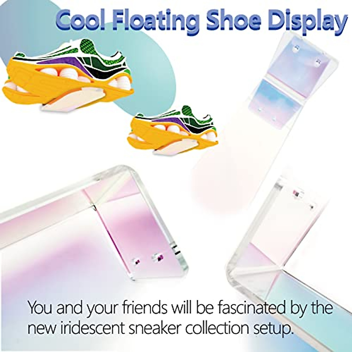 RORKIM Iridescent Acrylic Floating Shoe Display,Rainbow Sneaker Shelves Wall Mounted Organizer Stand for Displaying Collections Shoe Box,Sneaker Display for Bedroom Hallways etc(6pcs)