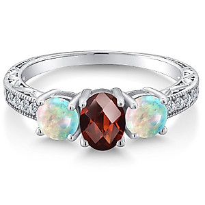 Gem Stone King 925 Sterling Silver Oval Checkerboard Red Garnet and White Simulated Opal Ring For Women (2.12 Cttw, Gemstone Birthstone, Available In Size 5, 6, 7, 8, 9)