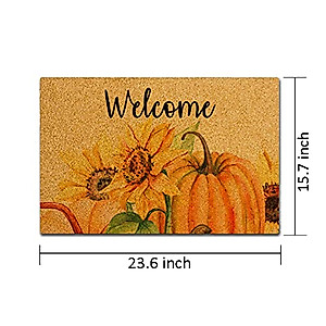 Funny Fall Doormat Welcome Pumpkin Sunflowers Indoor Outdoor Entrance Floor Mat Home Office Front Door Mat Non-Slip Rubber Backing 23.6 X 15.7 Inch
