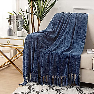 ACCOTIA Navy Blue Chenille Throw Blanket for Couch, Super Soft Fluffy Throw Blanket for Chair, 50X60inches - Super Fluffy Warm Decorative Fringe for Home Décor, Bed and Living Room（50“X60, Navy）