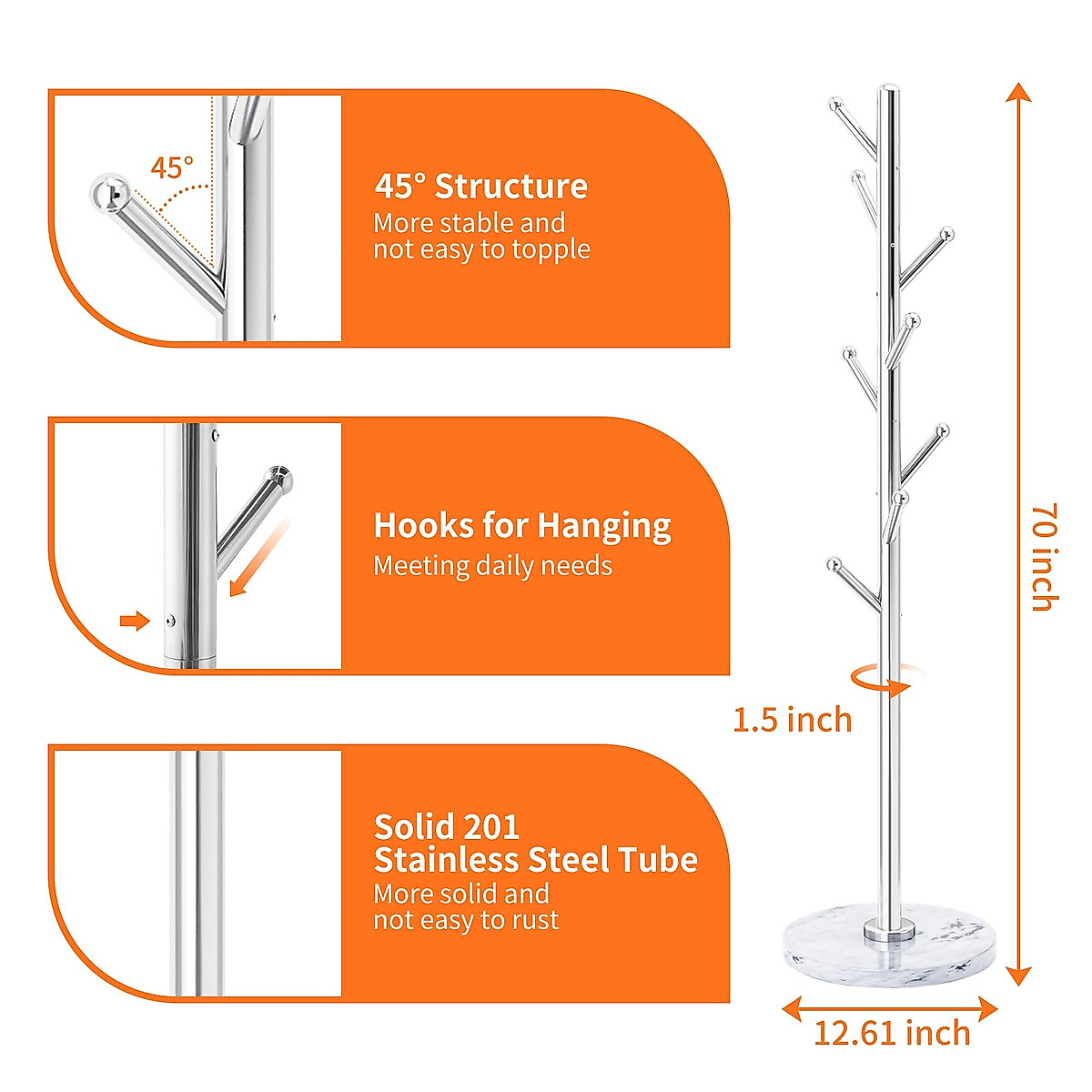 ZOZOE Metal Coat Rack Freestanding, Solid 201 Stainless Steel Coat Rack Stand, Modern Coat Racks with Natural Marble Base, Coat Tree Hanger Stand for Jacket, Bag, Entryway, Office